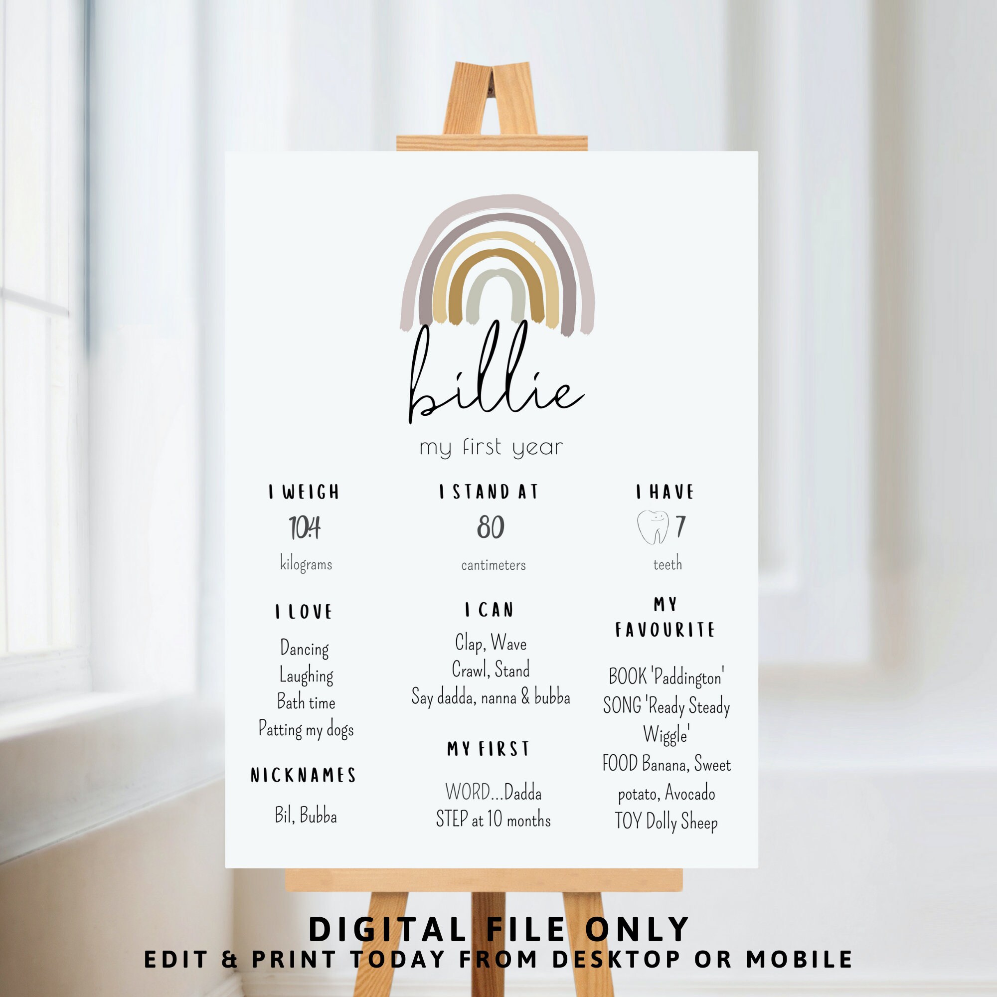 Pastel Earthy Rainbow First Birthday Milestone Board, Rainbow Birthday ...