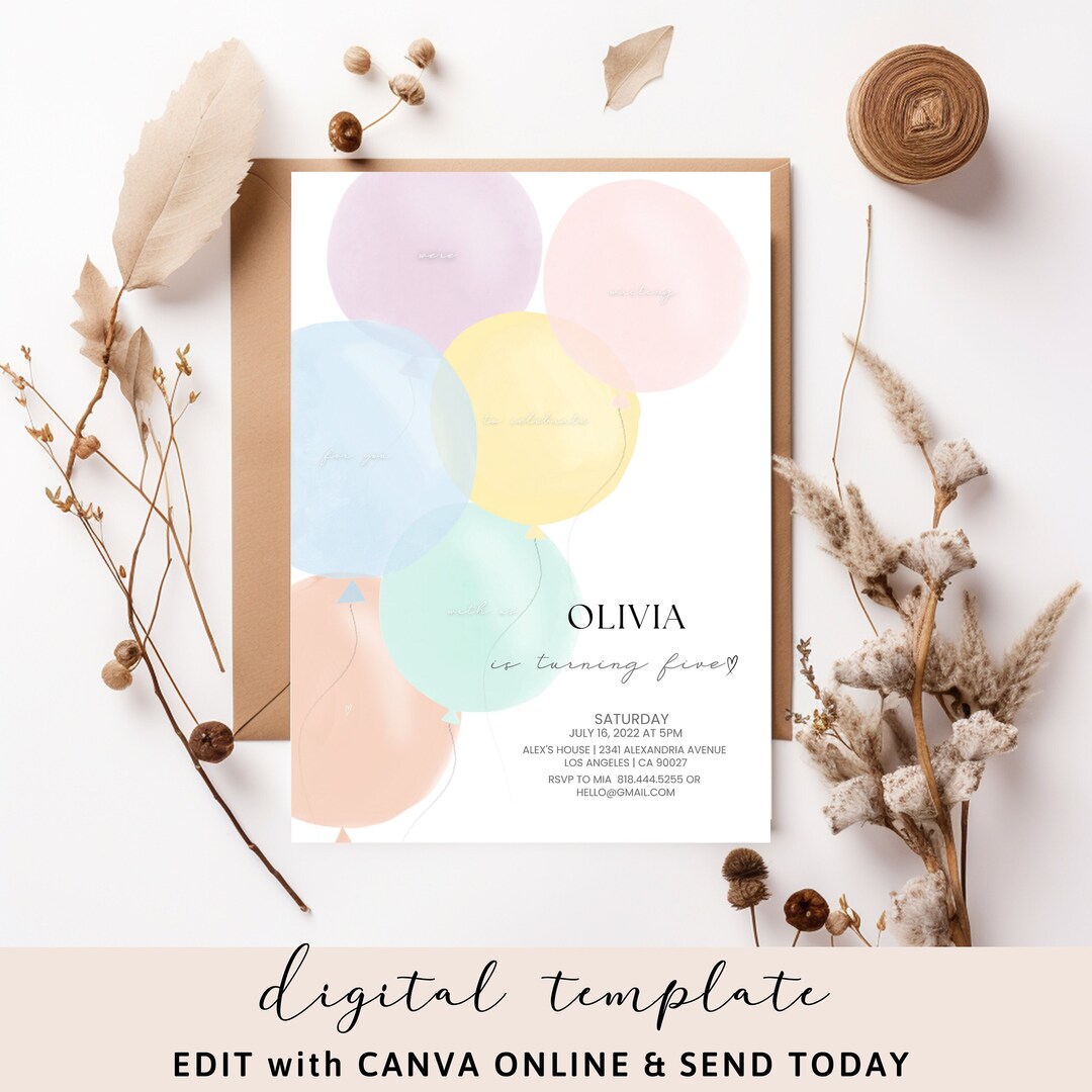 Watercolor Pastel Birthday Invitation, Pastel Balloons, 3rd 4th 5th ...