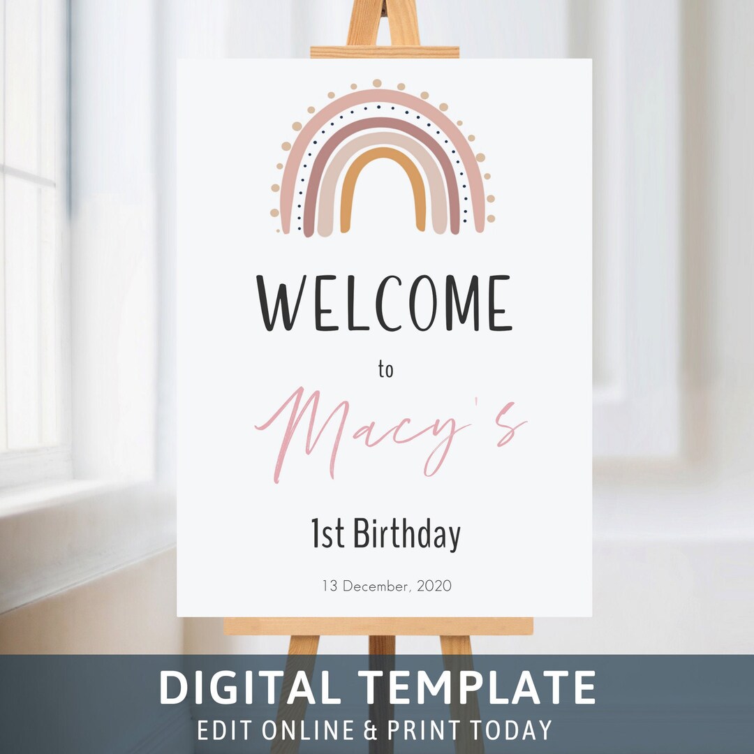 Watercolor Purple Neutral Pastel Rainbow 1st Birthday Welcome Sign ...