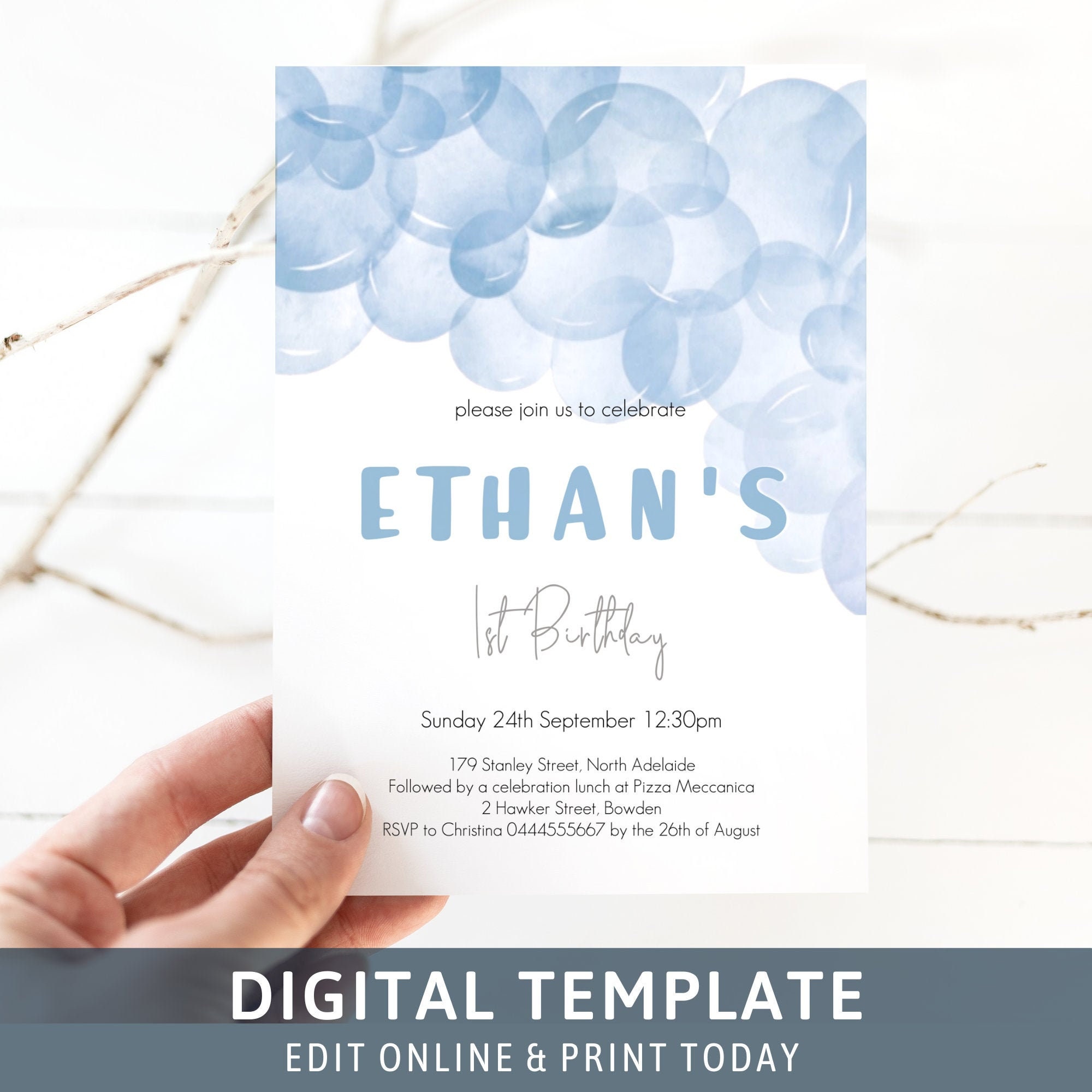 Pastel Blue Balloons Invitation Baby Boy 1st Birthday Invite - Etsy