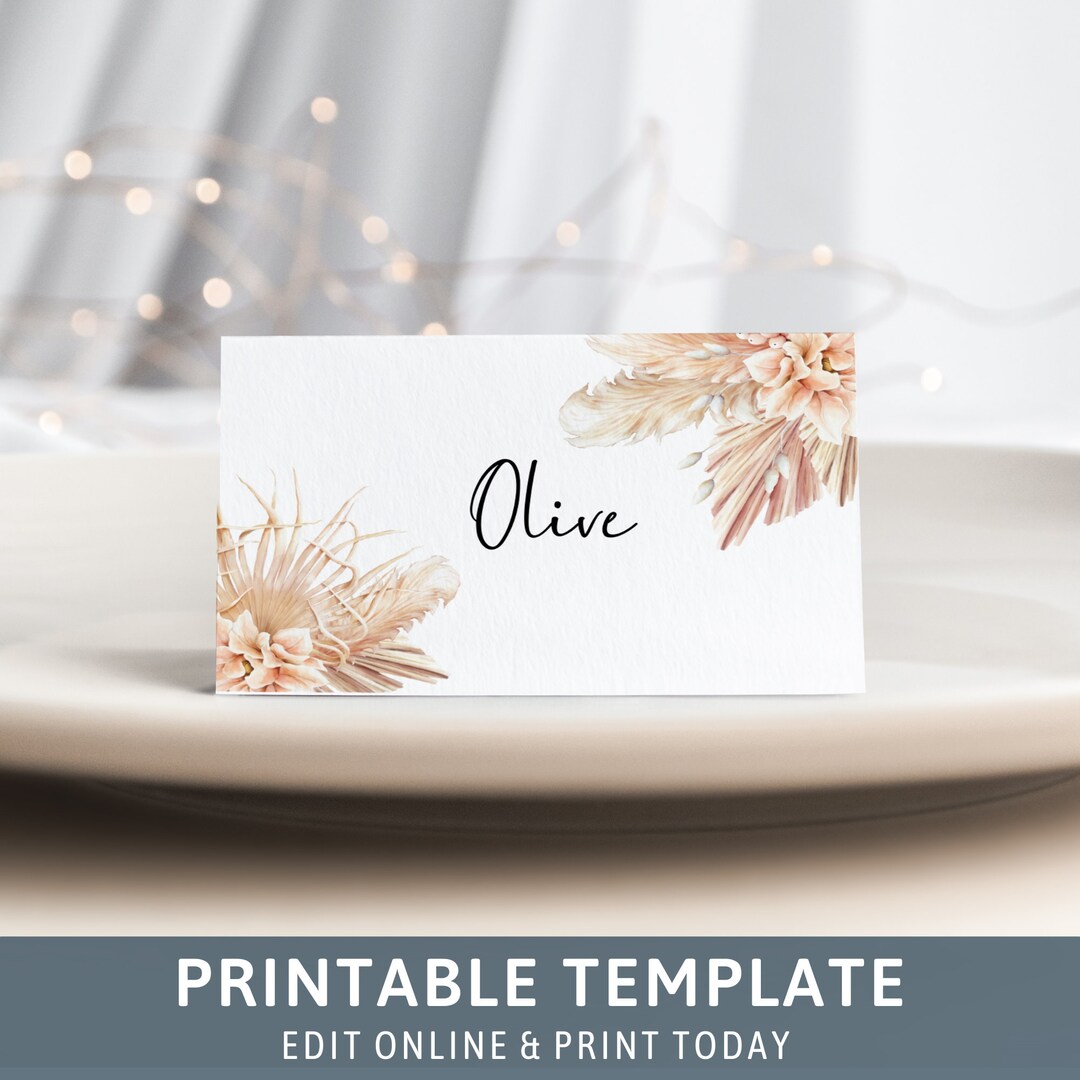 Floral Pampas Grass Place Cards: Boho Wedding, Bridal Shower (digital ...