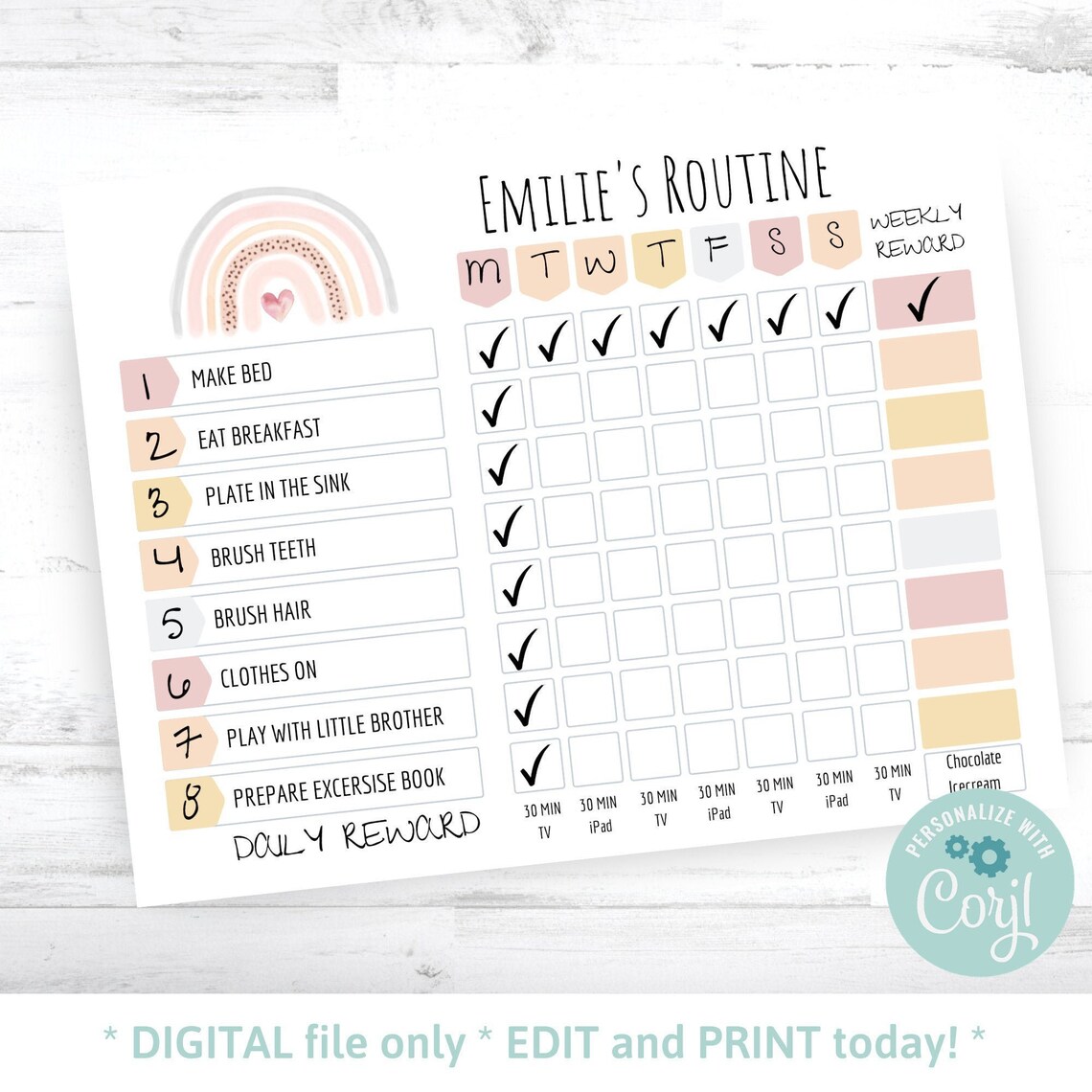 Girls Routine Chore Chart Printable Homework Organizer Home | Etsy