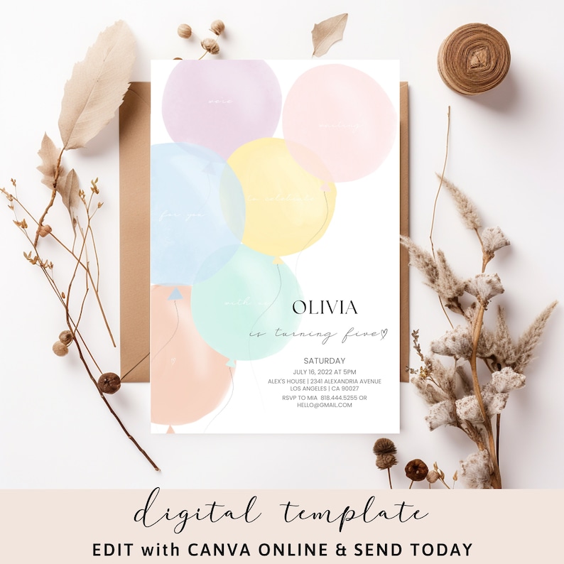 Elegant Pastel Birthday Invitation, Pastel Watercolor Balloons, 1st ...