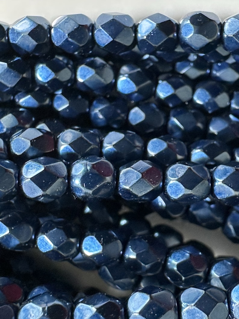 Jet Heavy Metal Navy Blue Round Faceted Fire Polished Czech Beads, 4mm ...