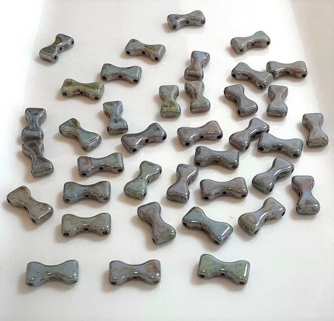 20 Pcs Bow Tie Beads, White Opaque Lazure Blue, 3-hole, 6x12mm, Czech ...