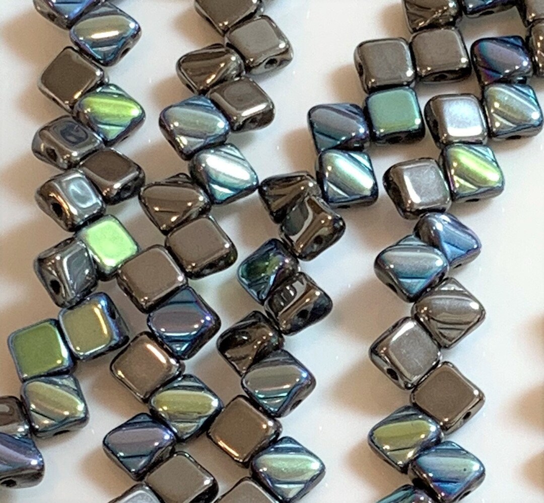 6mm Silky Beads, Twinkle Graphite, 20 Pcs, 2 Hole, 6x6mm, Czech Pressed ...