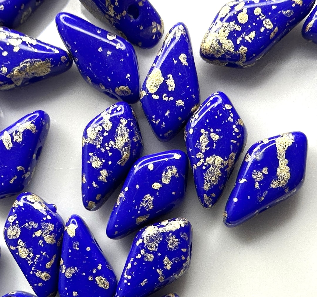 40 Pcs Kite Beads, 2 Hole, Gold Splash Royal Blue Opaque, 9x5mm, Czech ...