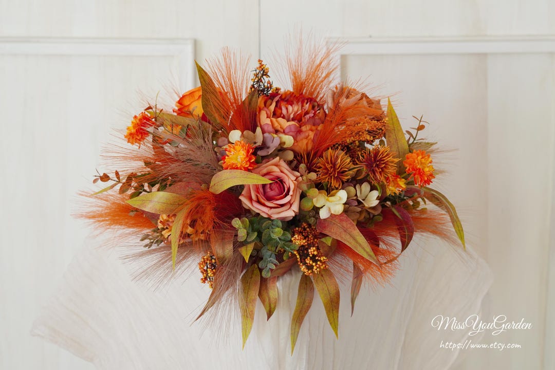 Rust Orange Flower Table Centerpiece, Bohemian Wedding Table Flower ...