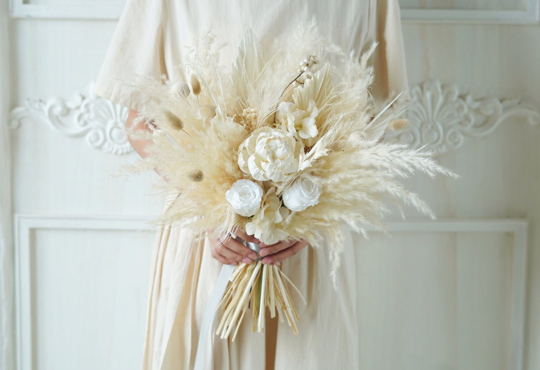 Pure White Dried Natural Flowers Rustic Bohemian Wedding Bridal Flowers ...
