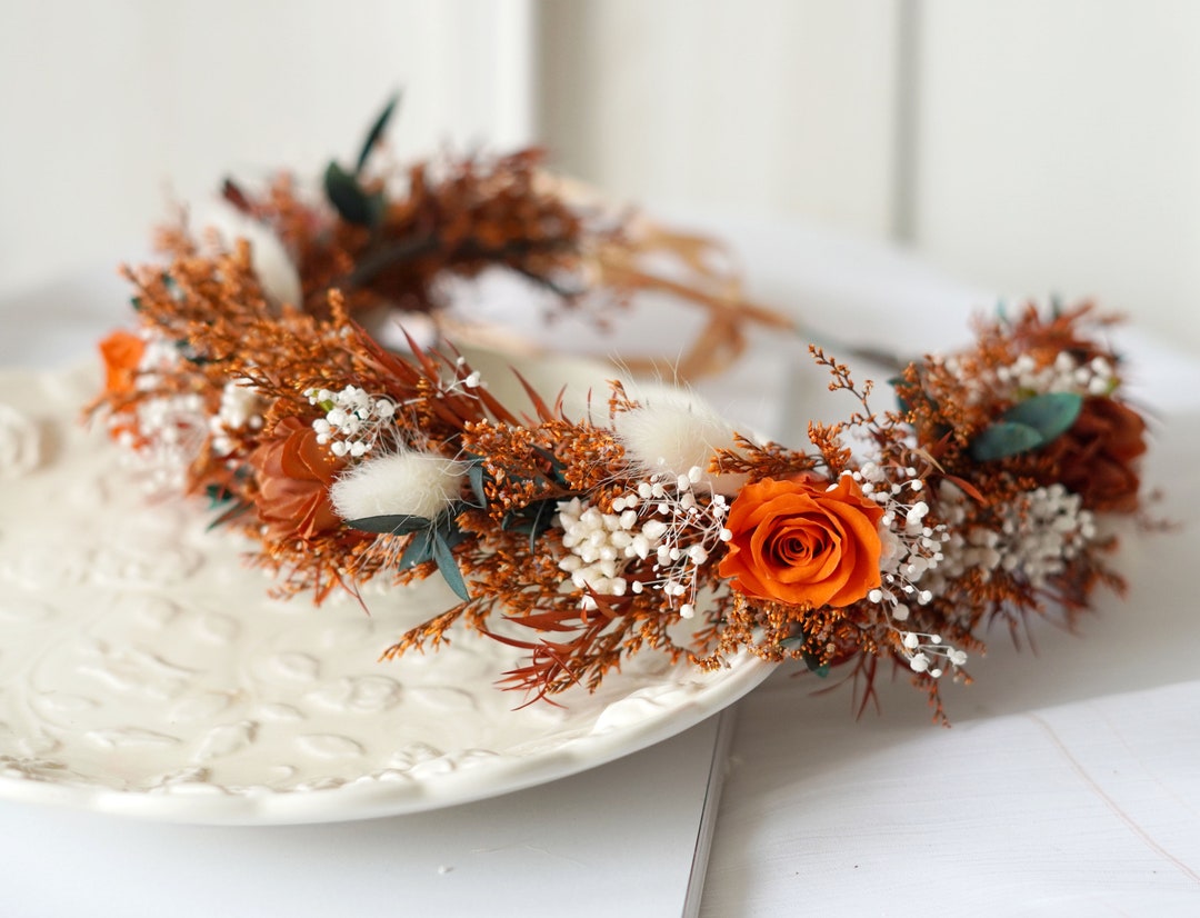 Rust Orange/burnt Orange Flower Crown - Dried Flowers, Artificial ...