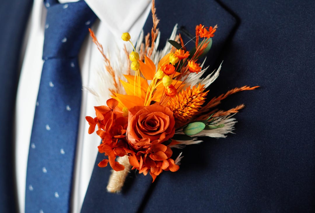 Orange Preserved Rose Wedding Boutonniere,groomsmen Pin,bridegroom ...