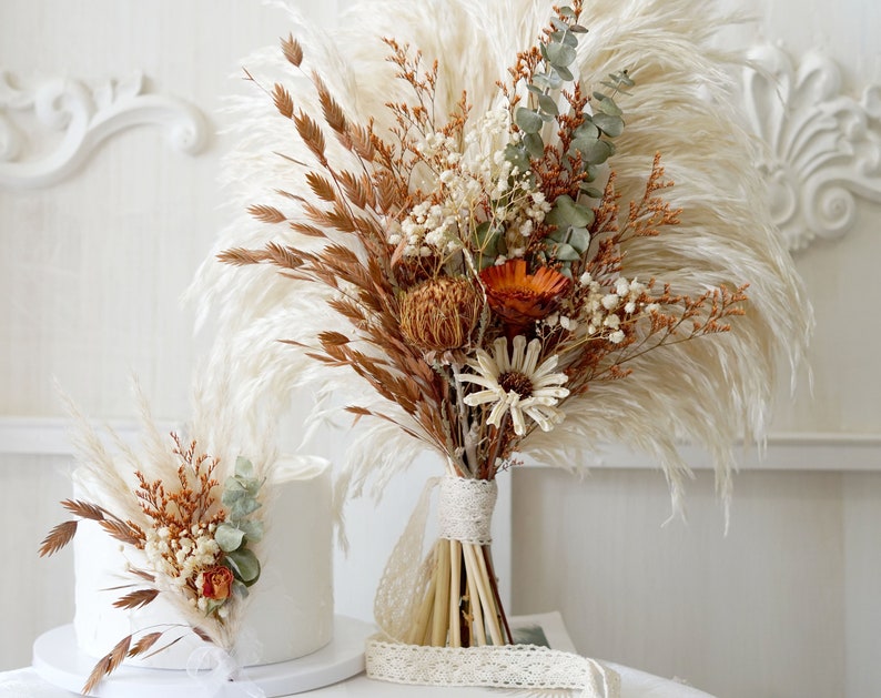 Eucalyptus & Rust Orange/pampas Grass Wedding Bouquet Dried - Etsy