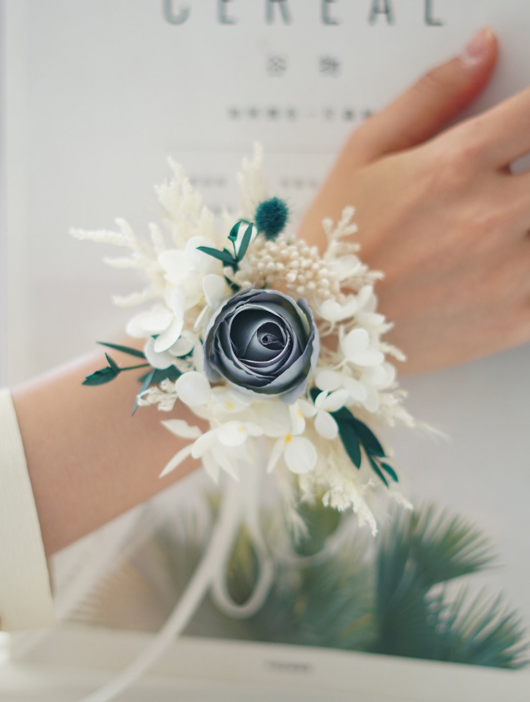 Blue Silk Flowers& White Hydrangea Corsage,bridal/bridesmaid 's Corsage ...