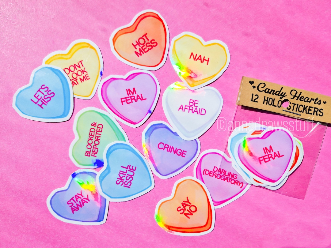 Rude Candy Hearts Sticker Pack - 12 Holographic Stickers - 1.3" Inch ...