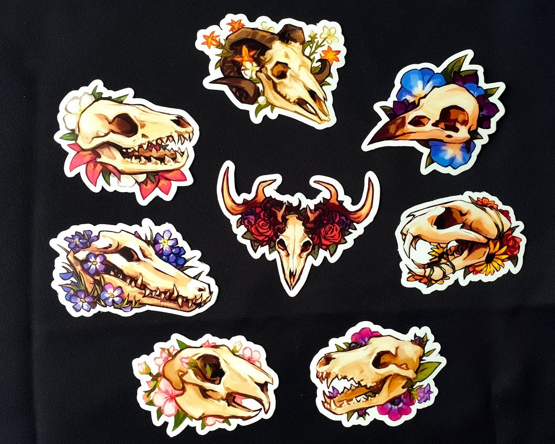 Vinyl Animal Skull Stickers 3x3inch Alligator, Deer, Cat, Bird, Fox ...