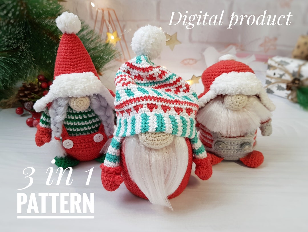 Christmas Crochet Gnome Pattern PDF Set - 3 Gnomes, Winter Holiday ...