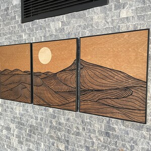 Mountain Wood Wall Art, Engraved Mountain Scene Wall Decor, Set of 3 ...