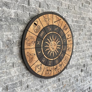 Zodiac Wheel Carved Wood Wall Hanging, Astrology Circle Wall Art ...