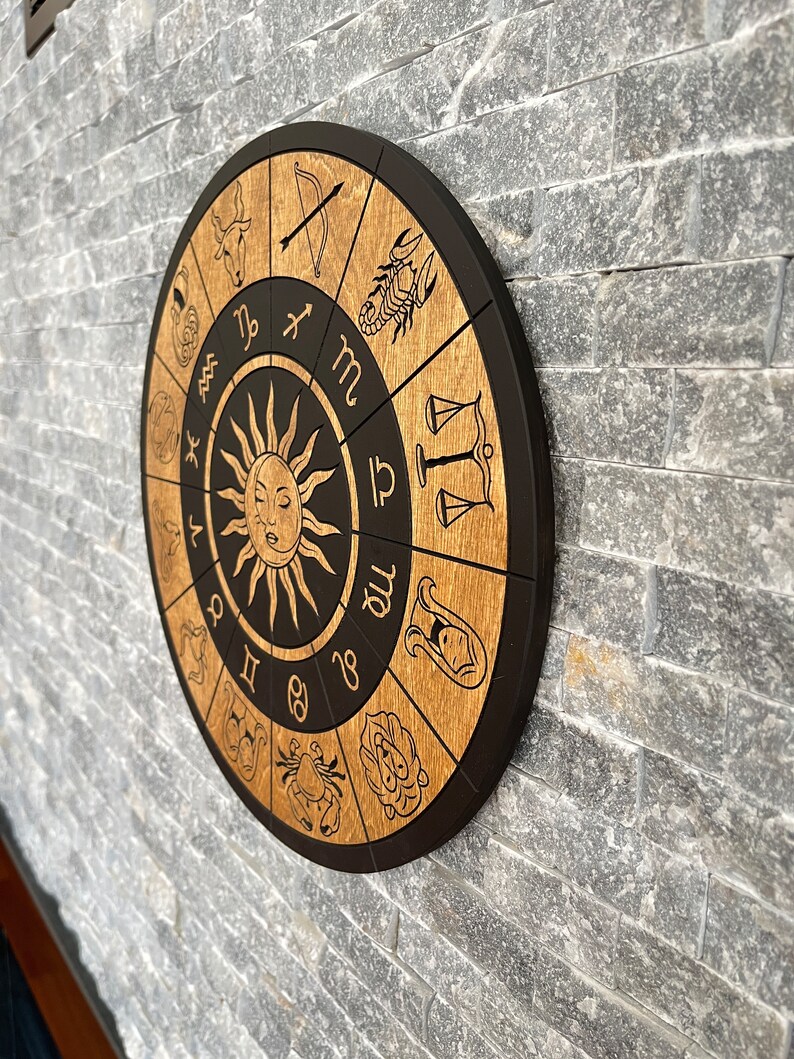 Zodiac Wheel Carved Wood Wall Hanging, Astrology Circle Wall Art ...
