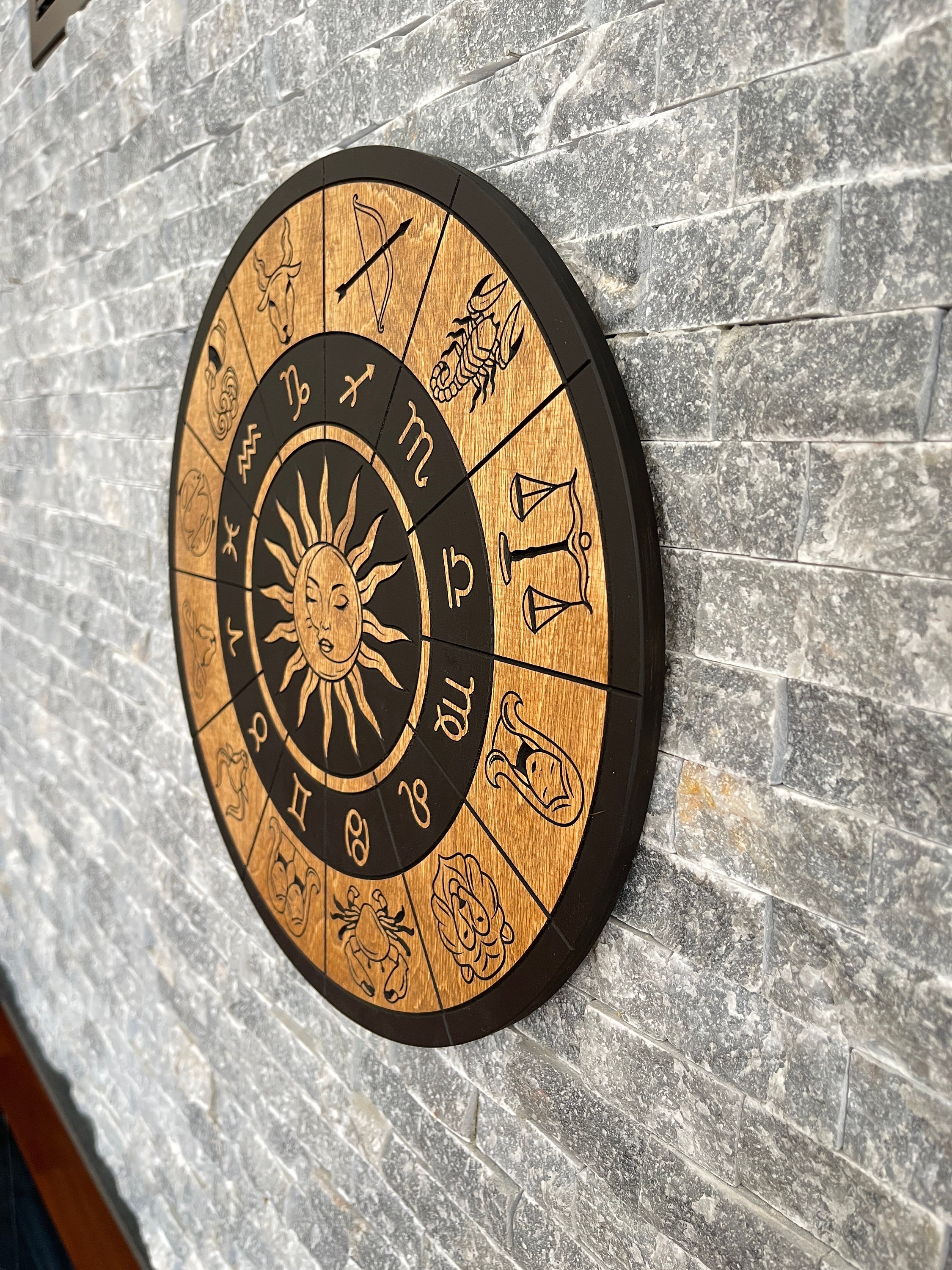 Zodiac Wheel Carved Wood Wall Hanging, Astrology Circle Wall Art ...