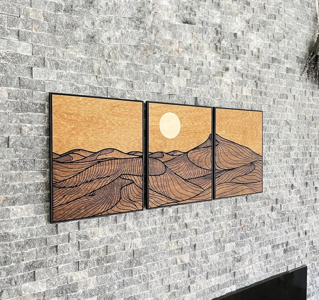 Mountain Wood Wall Art, Engraved Mountain Scene Wall Decor, Set of 3 ...