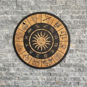 Zodiac Wheel Carved Wood Wall Hanging, Astrology Circle Wall Art ...