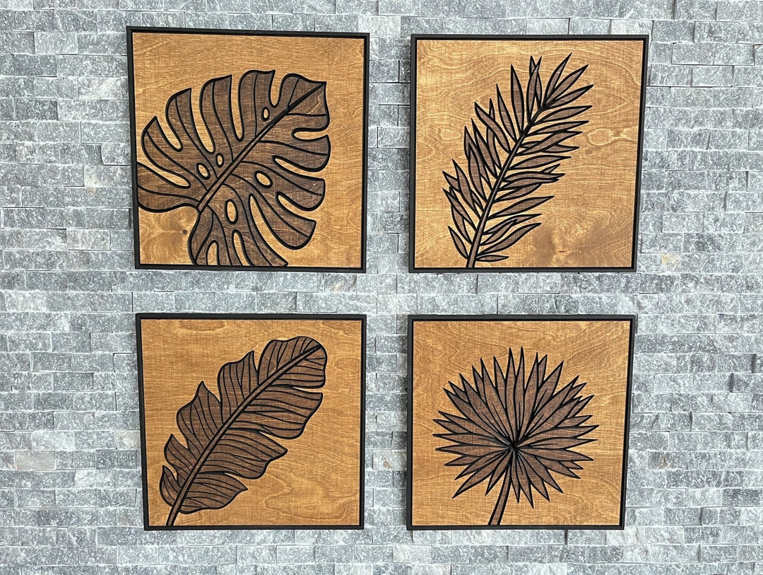 Floral Wooden Wall Art, Tropical Leaf Wall Hanging, Botanical Wood ...