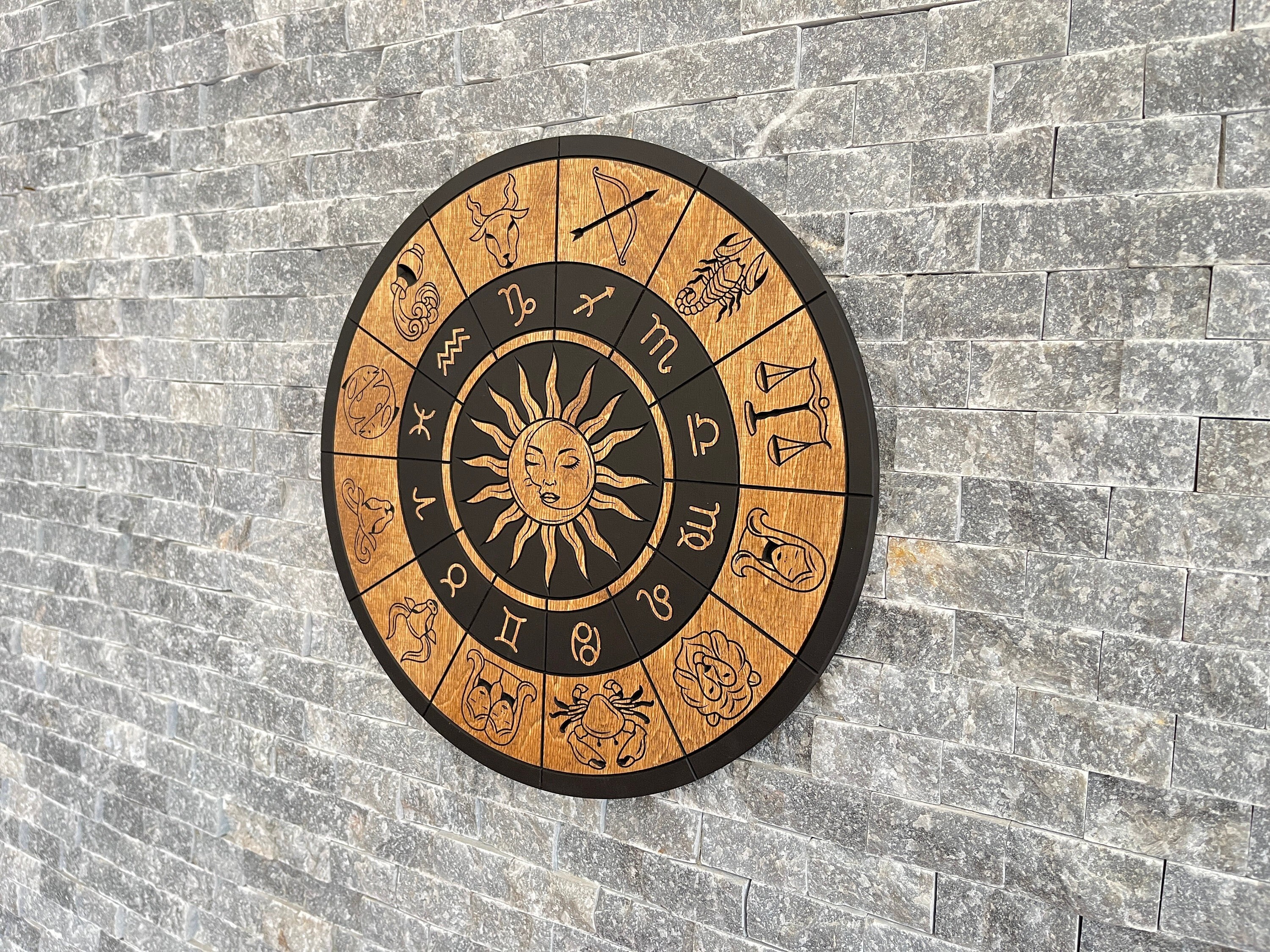 Zodiac Wheel Carved Wood Wall Hanging, Astrology Circle Wall Art ...