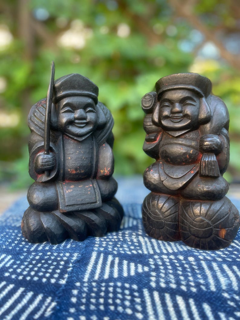 Antique Meiji Daikoku & Ebisu Wood Statues: Japanese Lucky Gods - Etsy