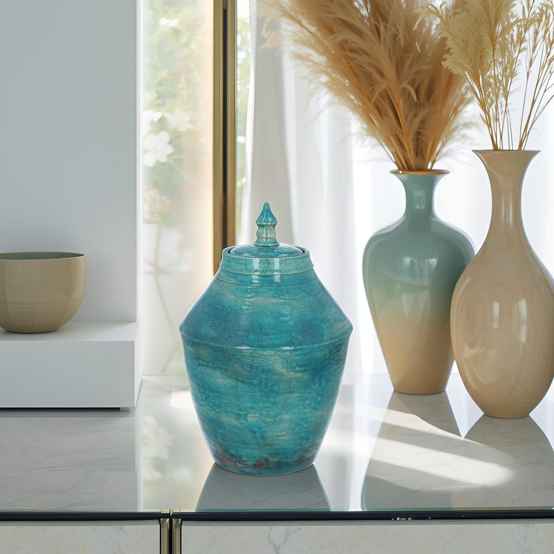 Turquoise Funeral Urn for an Adult Handmade Ceramic Urn Beautiful ...