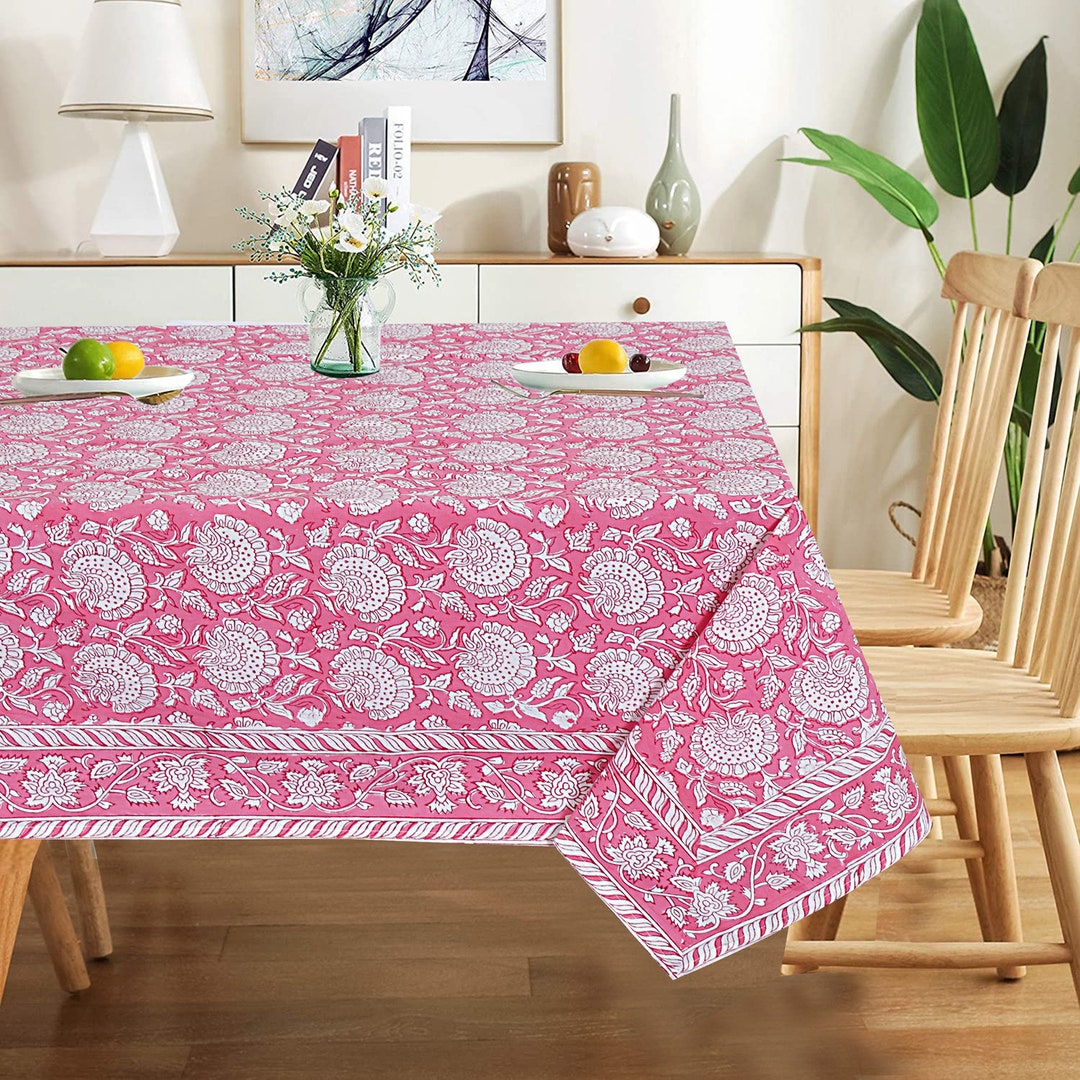 Pink Indian Block Print Table Cloth, Handmade Printed Table Linen ...