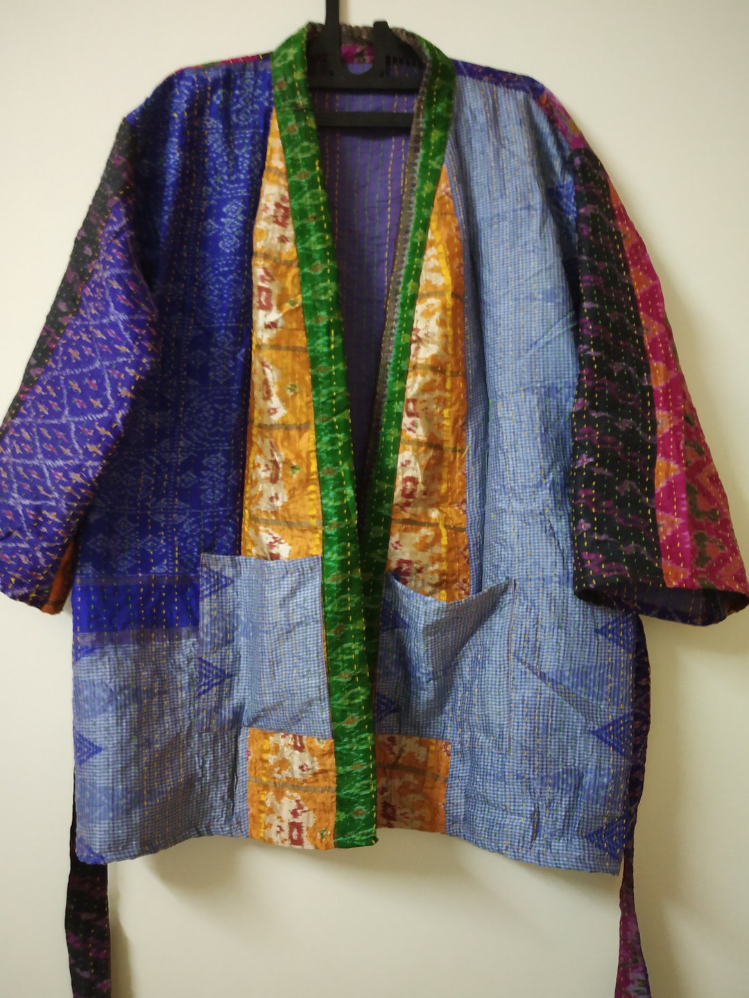 Vintage Silk Kantha Patchwork Winter Short Kimono, Handmade Kantha Gown ...
