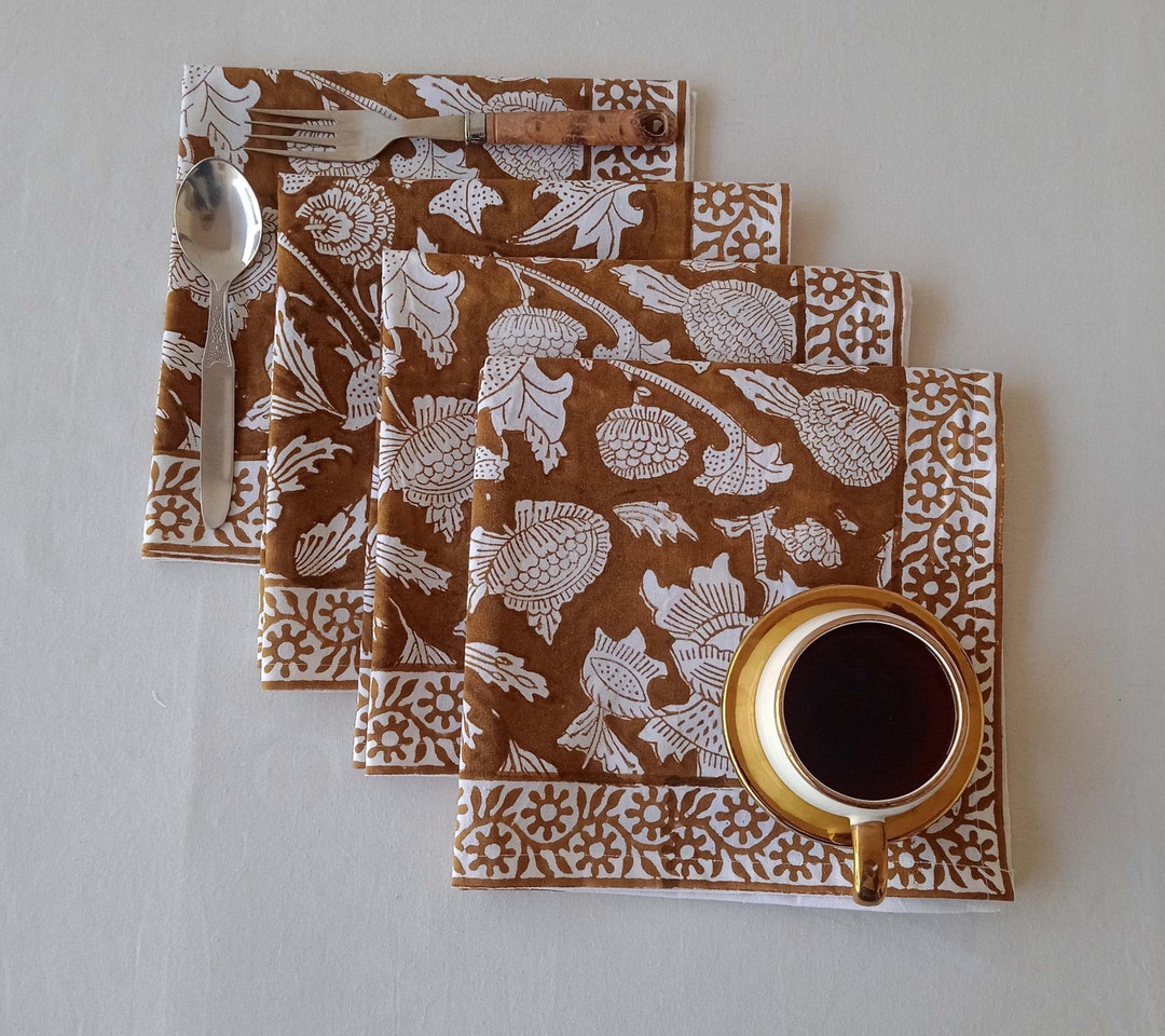 Brown Floral Handmade Napkin Set, Hand Block Printed Napkins, Cotton ...