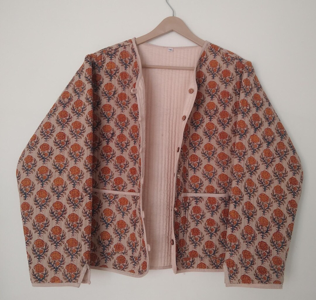 Brown Floral Hand Block Print Quilted Jacket, Ladies Short Quilted ...