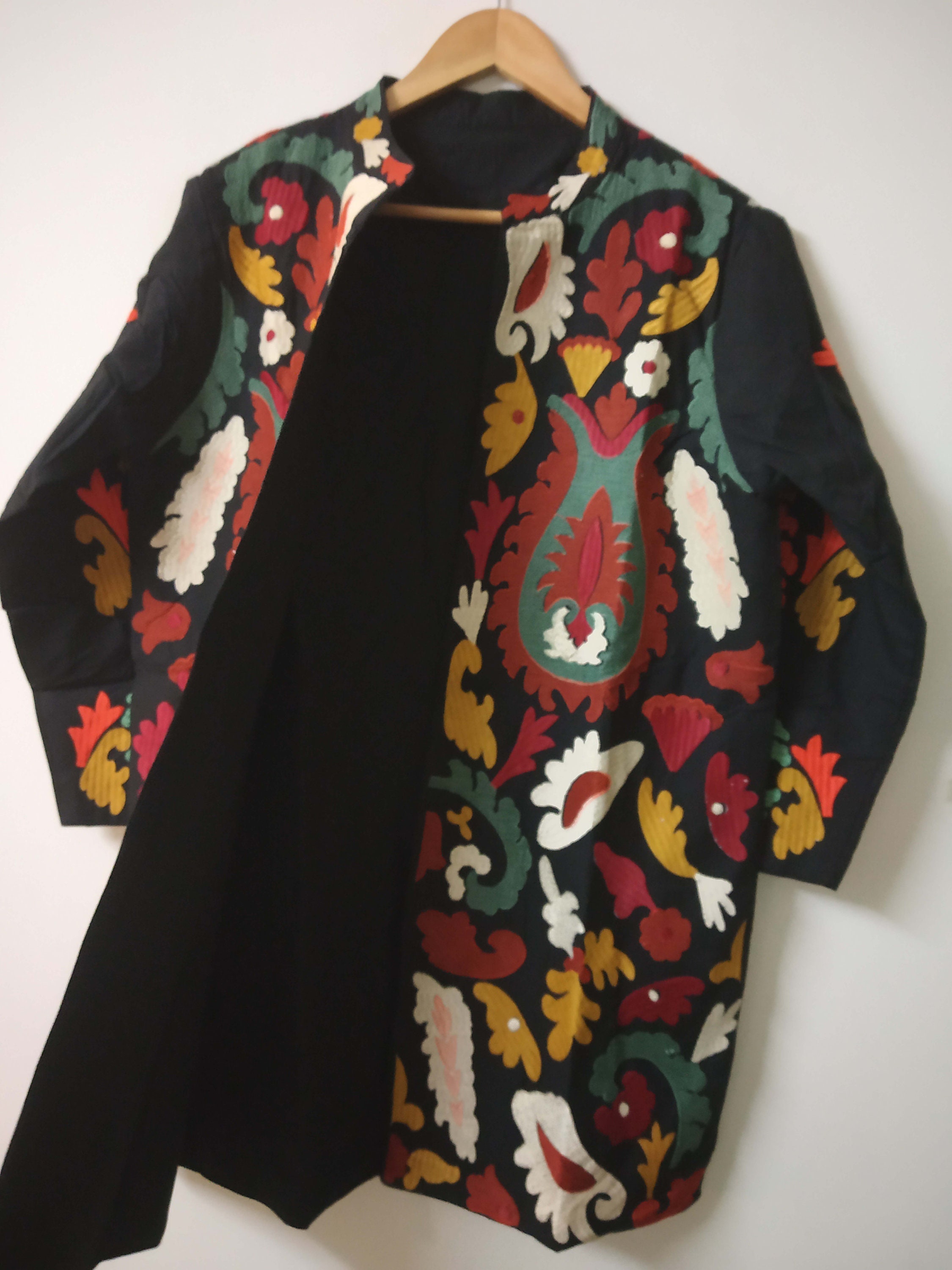 Ethnic Boho Jacket, Unique Embroidery Long Coat, Black Embroidery Coat ...