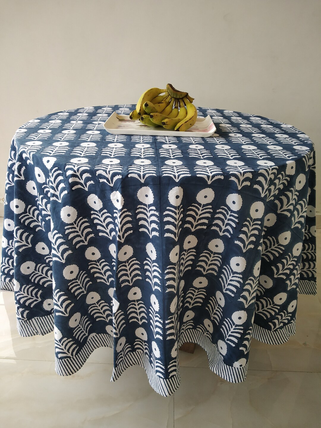 Marigold Round Print Tablecloth, Indian Block Print Round Table Cover, Indigo Blue Round Table ...
