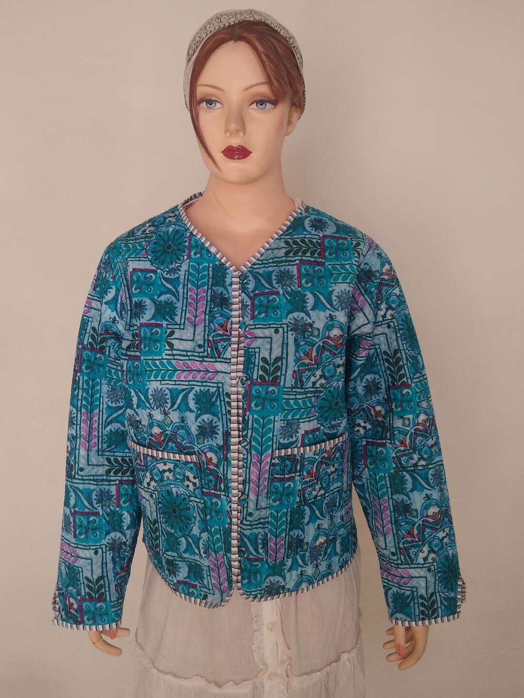 New Blue Floral Hand Block Print Quilted Jacket, Ladies Short Quilted Reversible Jacket, New ...