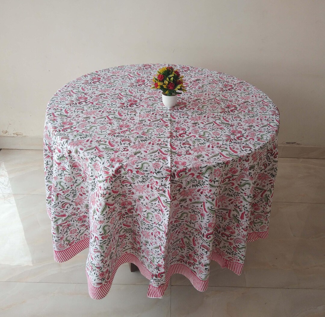 Christmas Round Tablecloth, Cotton Block Printed Round Table Cover, 84 ...