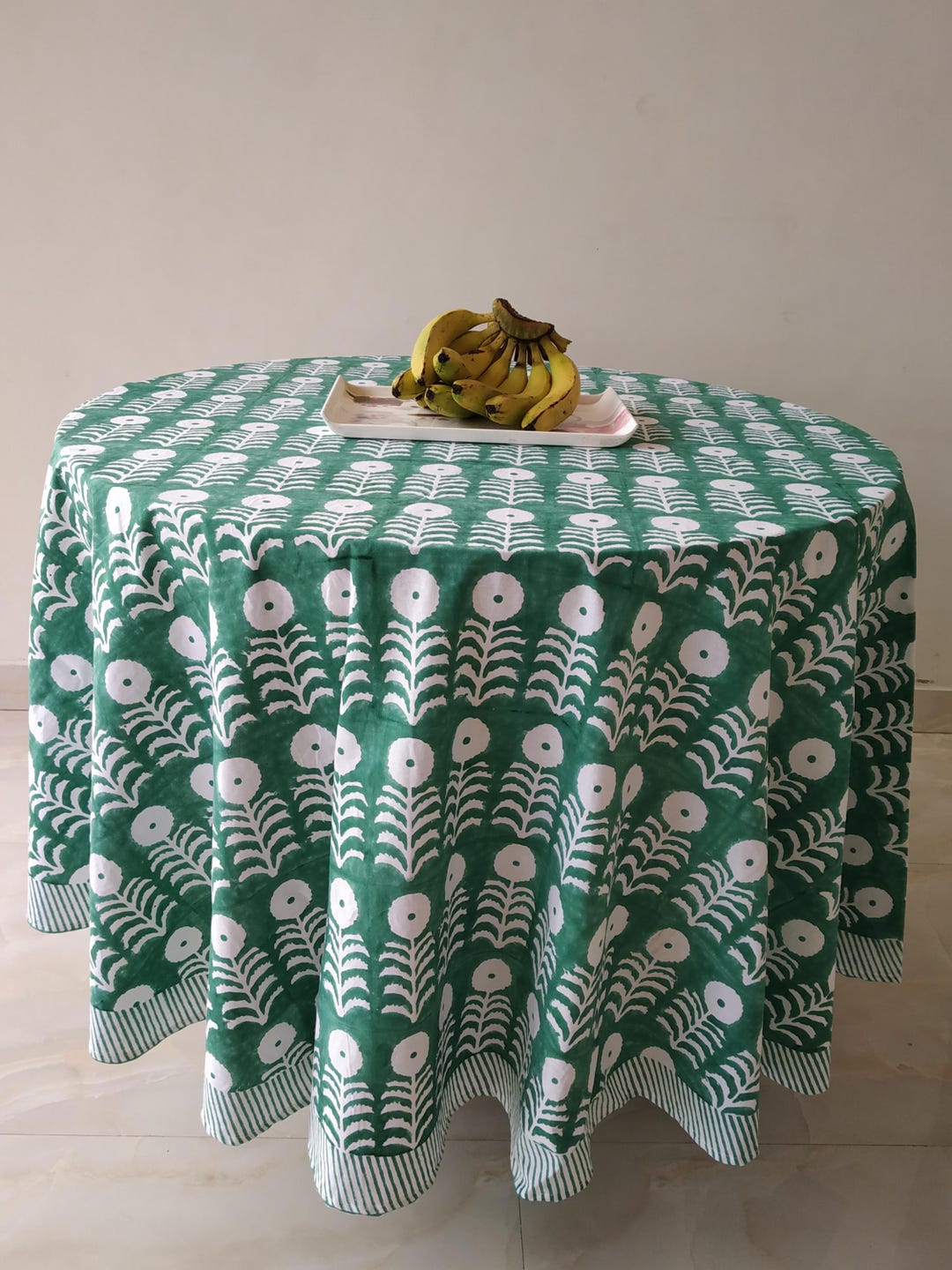 Green Floral Print Round Print Tablecloth, Indian Block Print Round ...