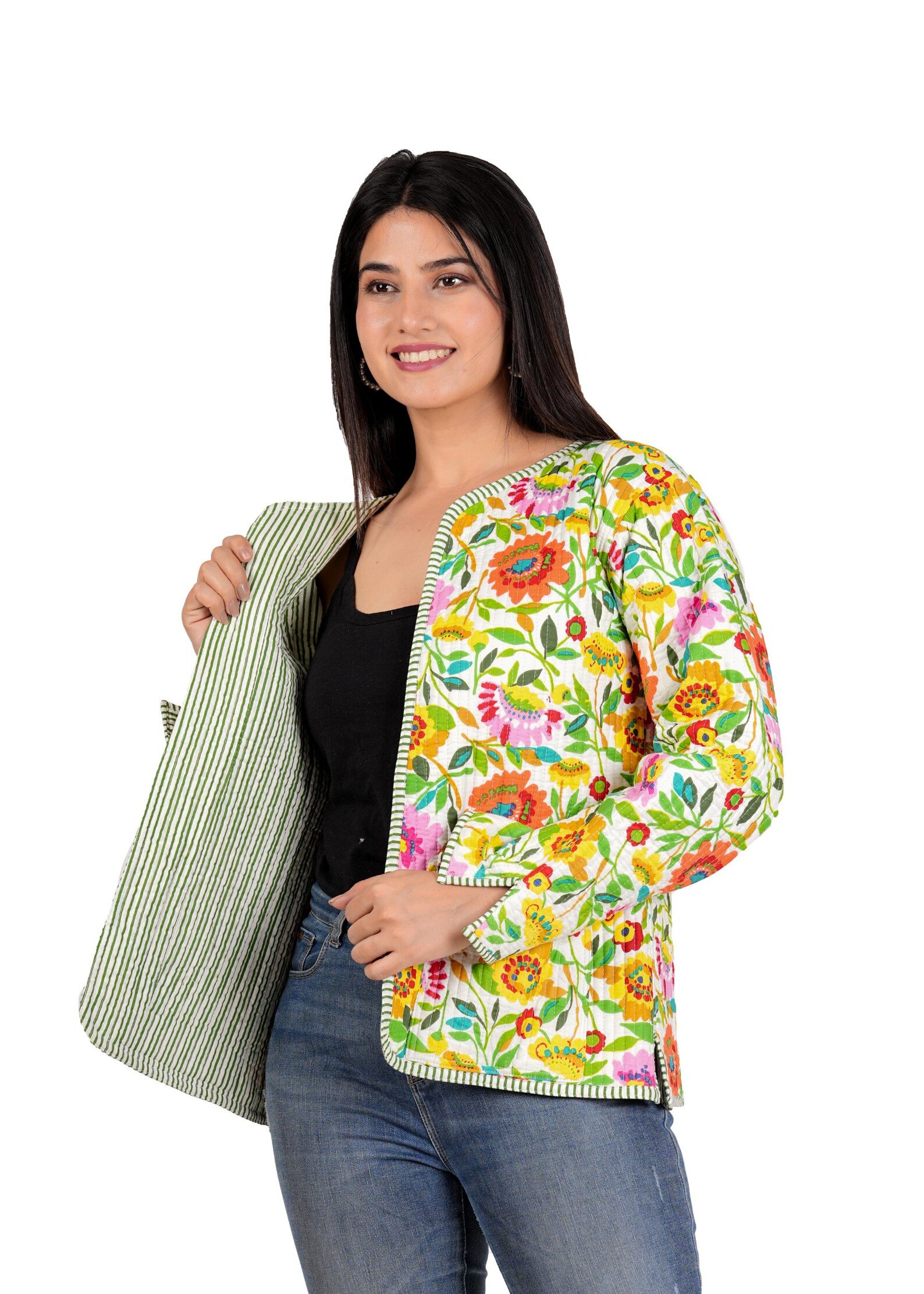 Indian Hand Block Print Quilted Jacket, Ladies Short Quilted Reversible ...