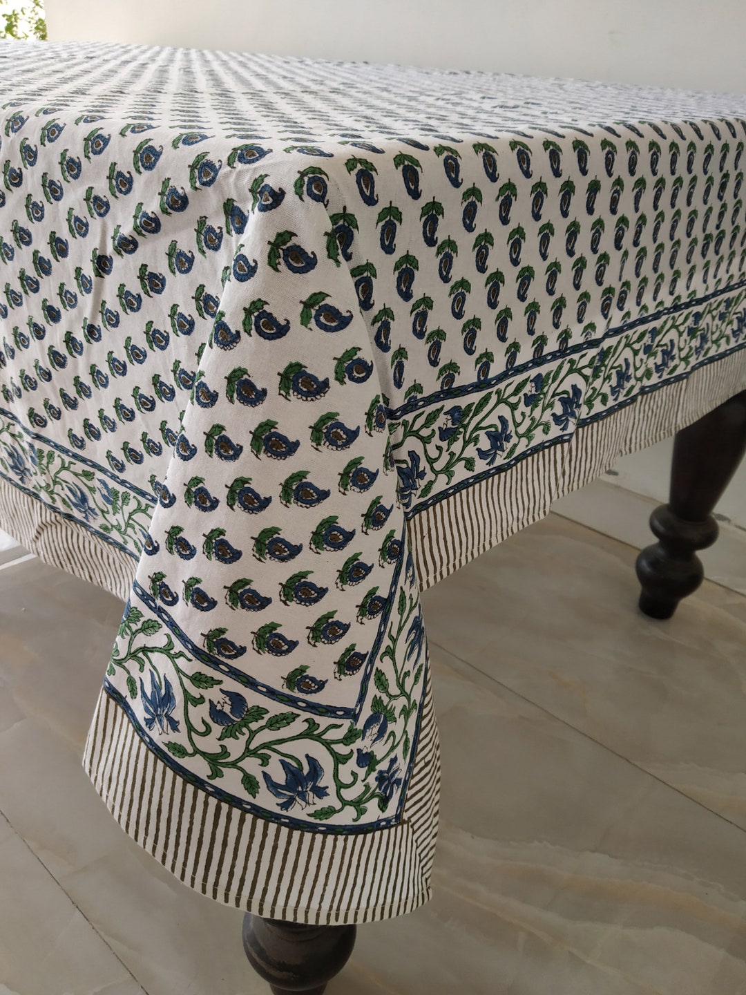 Blue Indian Floral Block Print Tablecloth, Cotton Table Cover Linens 6 ...