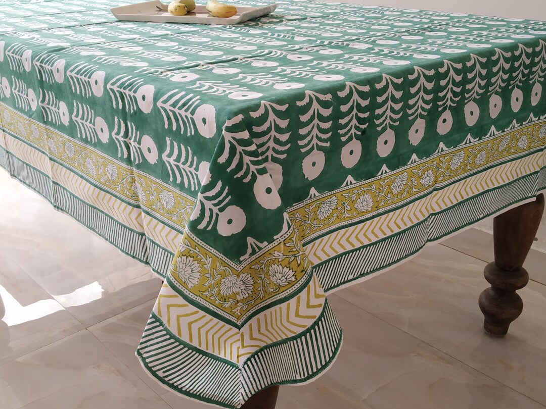 Green Marigold Indian Block Print Tablecloth, Floral Cotton Table Cover ...