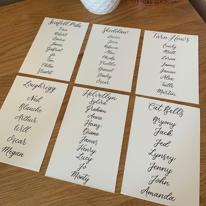 Custom Calligraphy Table Plan Cards | Brush Lettered Seating Plan ...