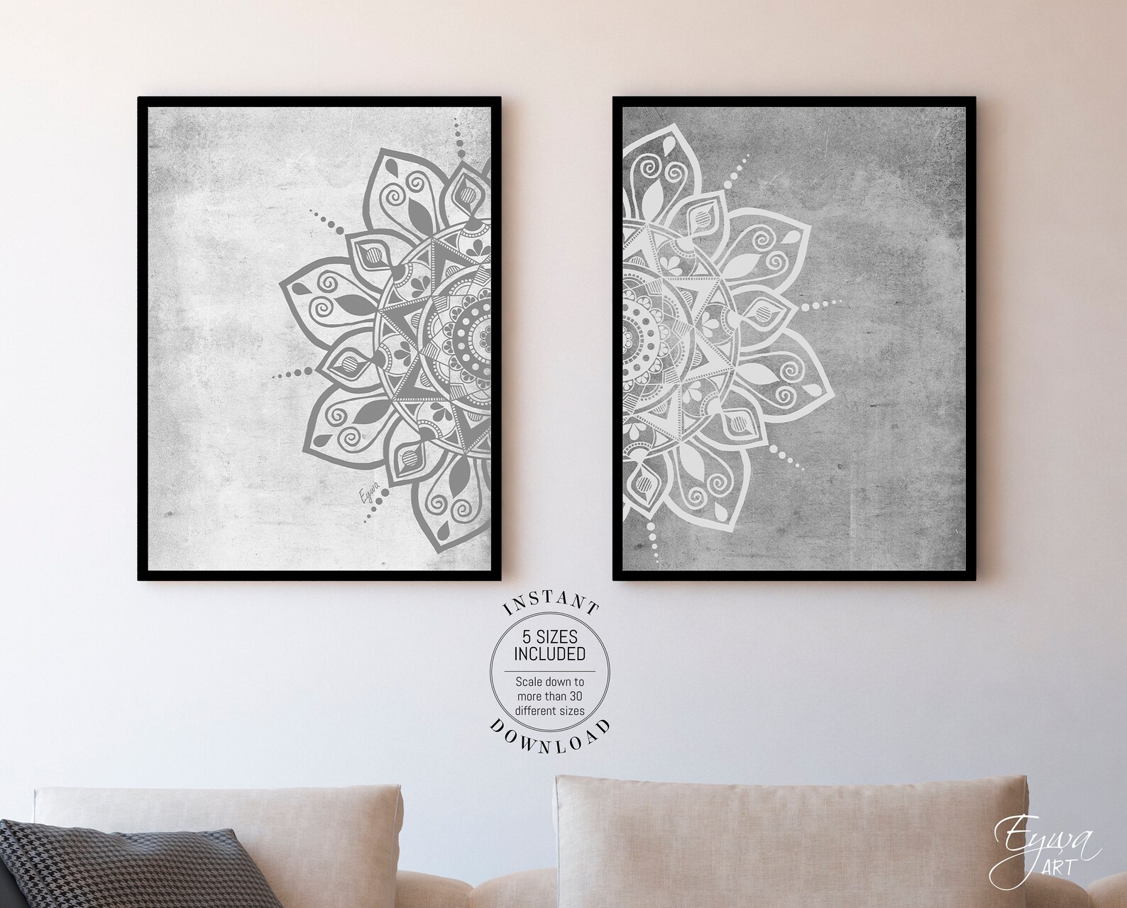 Gray White Mandala Poster Set of 2 Mandala Wall Art Printable - Etsy