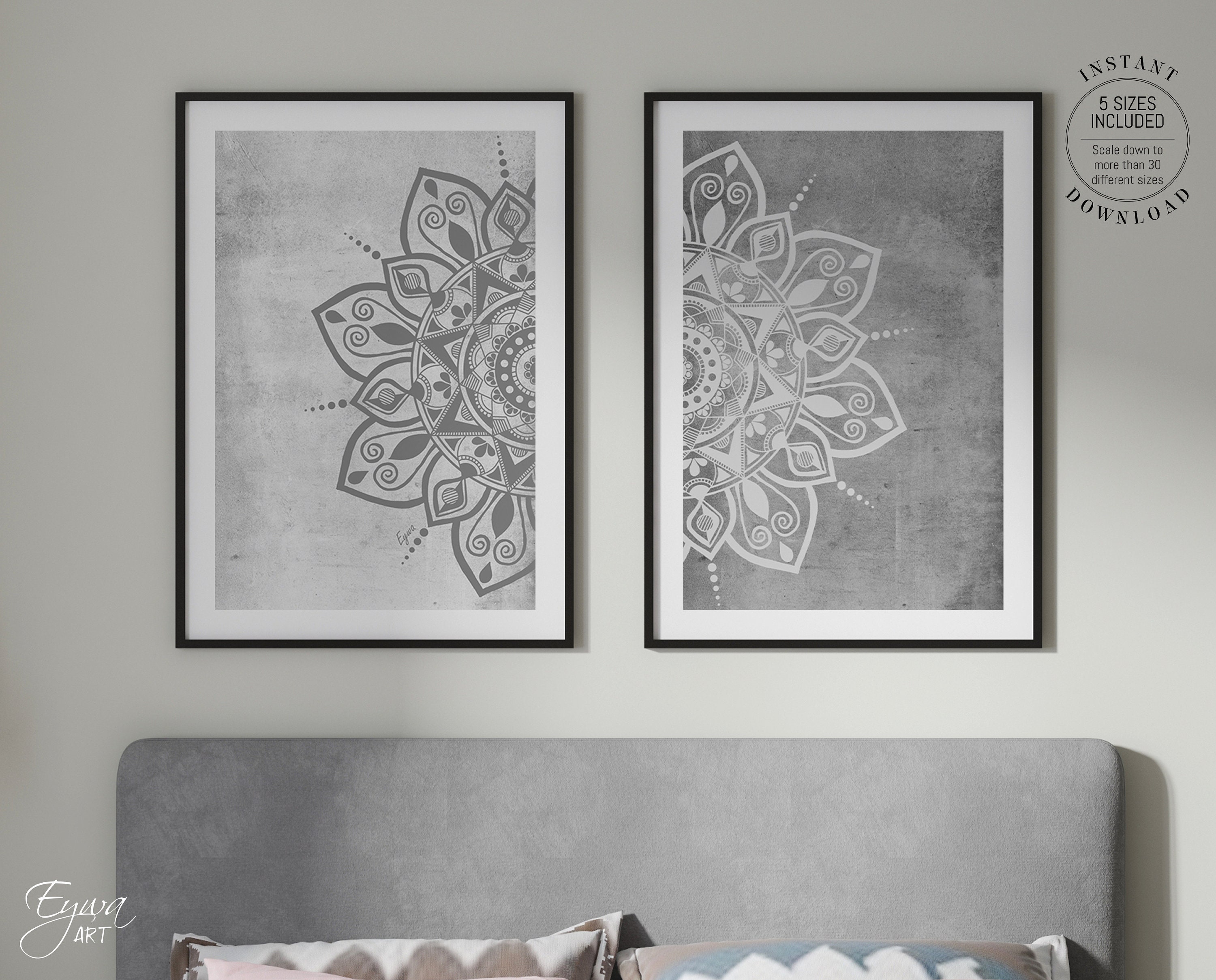 Gray White Mandala Poster Set of 2 Mandala Wall Art Printable - Etsy