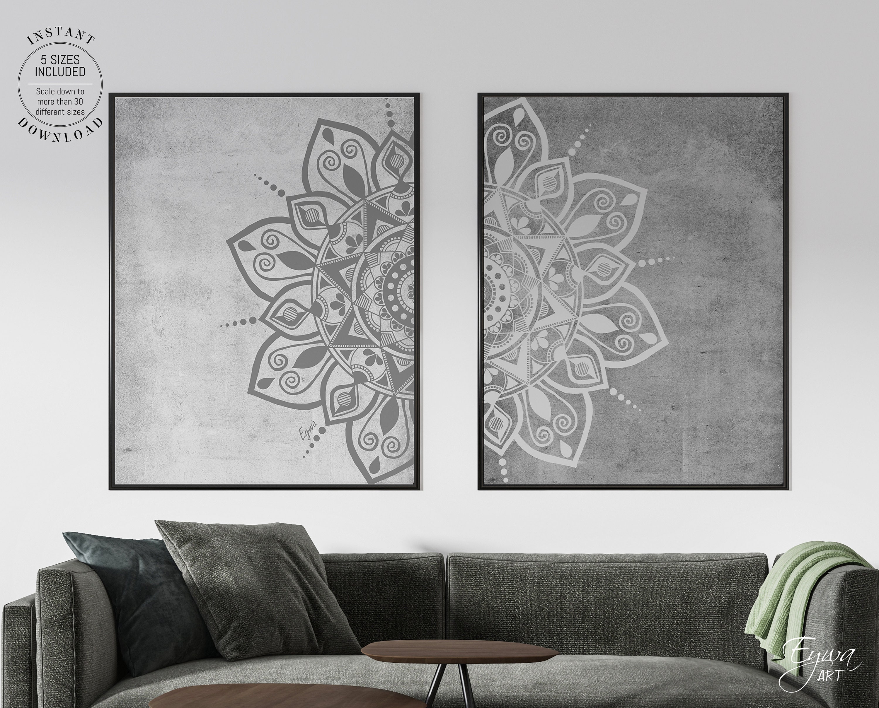 Gray White Mandala Poster Set of 2 Mandala Wall Art Printable - Etsy