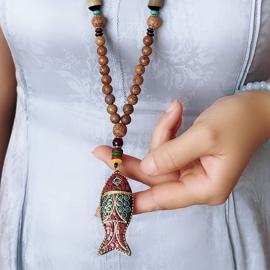 Wooden Beads & Fish Long Necklace, Boho Style Sweater Chain, Hand ...