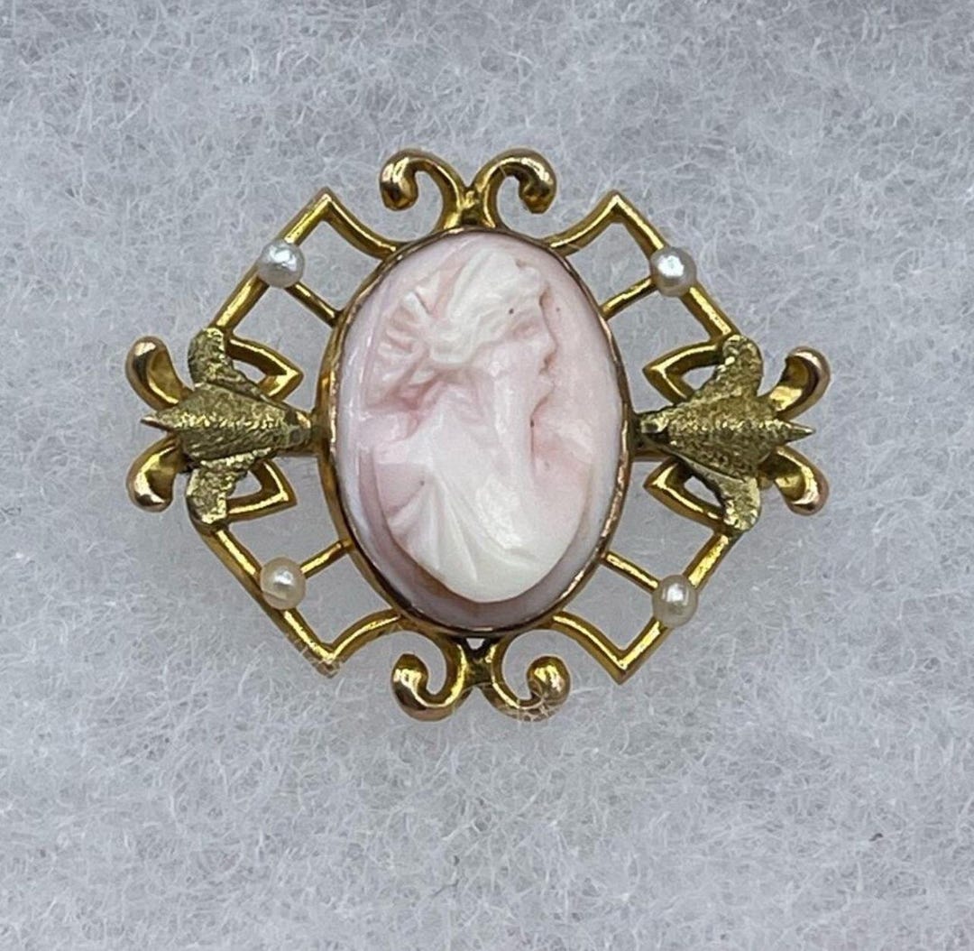 Antique 10K Gold Real Shell Cameo Edwardian Brooch With Seed Pearls. - Etsy