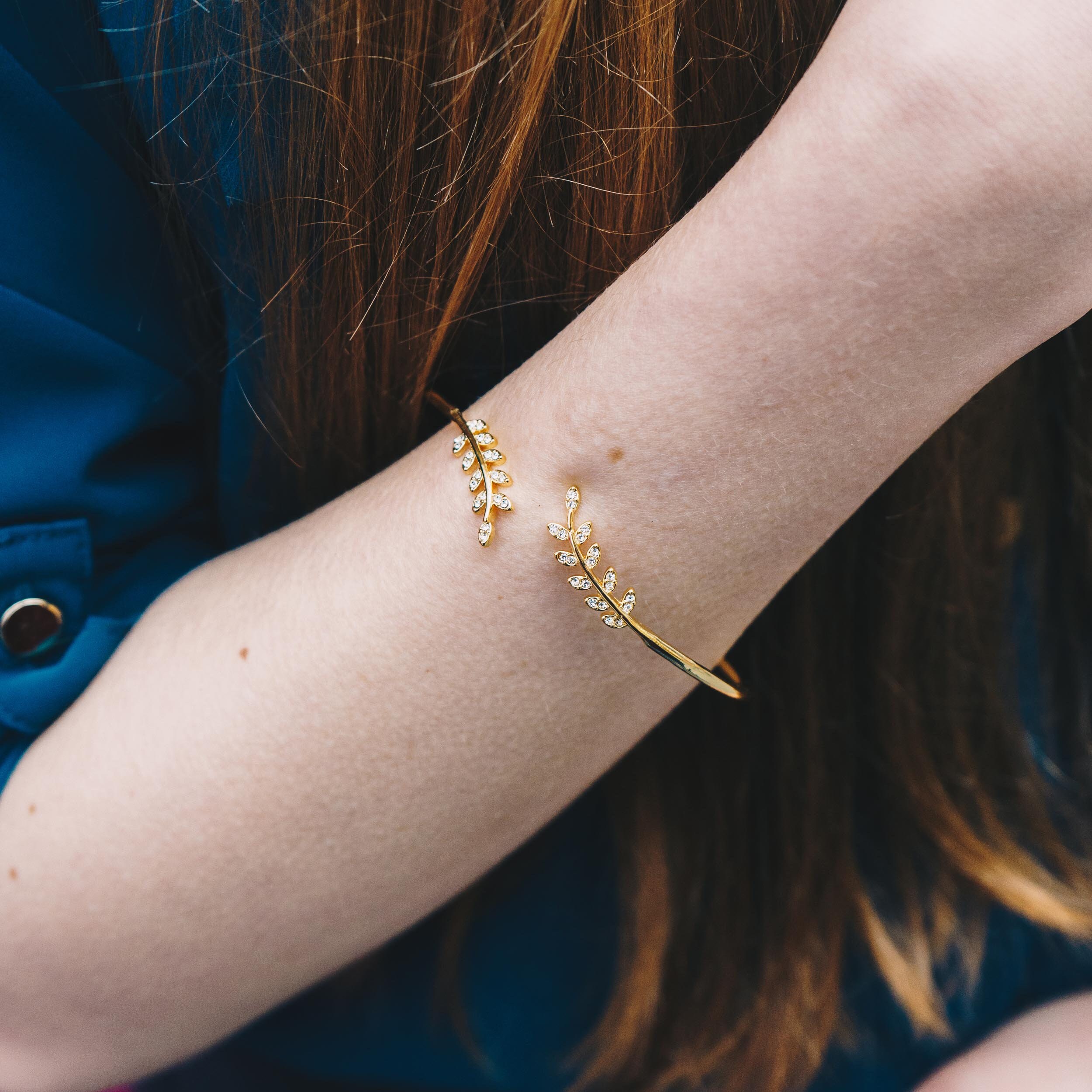 Gold Plated Leaf Bangle Created With Zircondia® Crystals by - Etsy UK