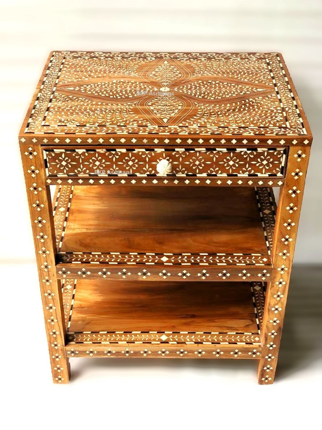 Inlaid Bed Side Table| Teak-wood| Fixed| Non-collapsible | Bone Inlay ...